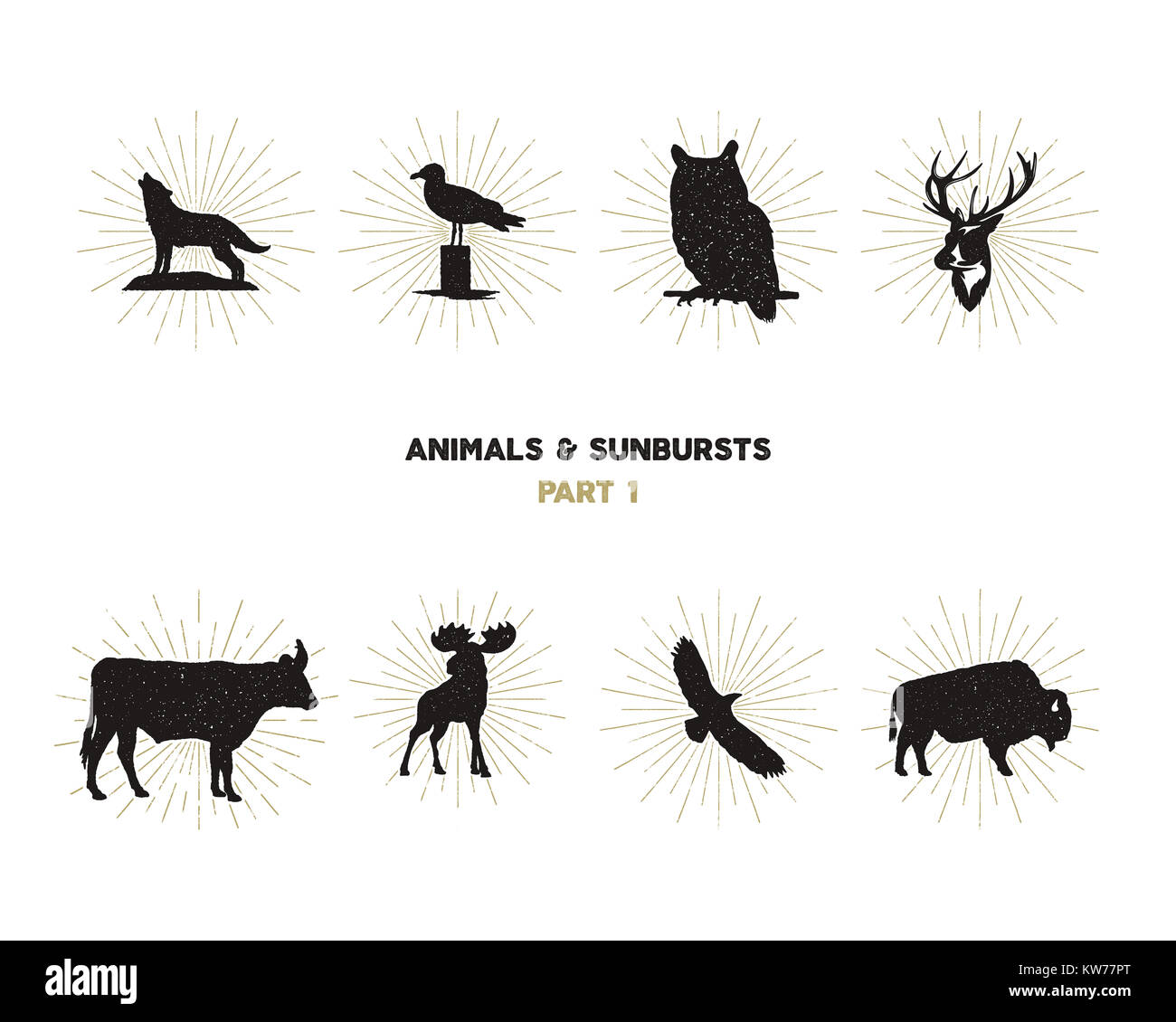 Set of wild animal figures and shapes with sunbursts isolated on white ...