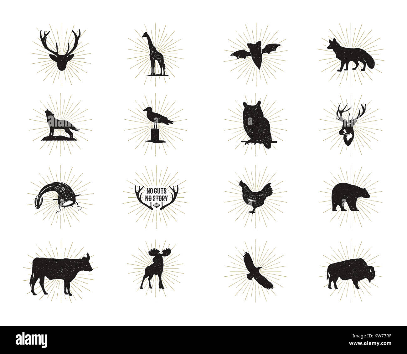 Set of wild animal figures and shapes with sunbursts isolated on white ...