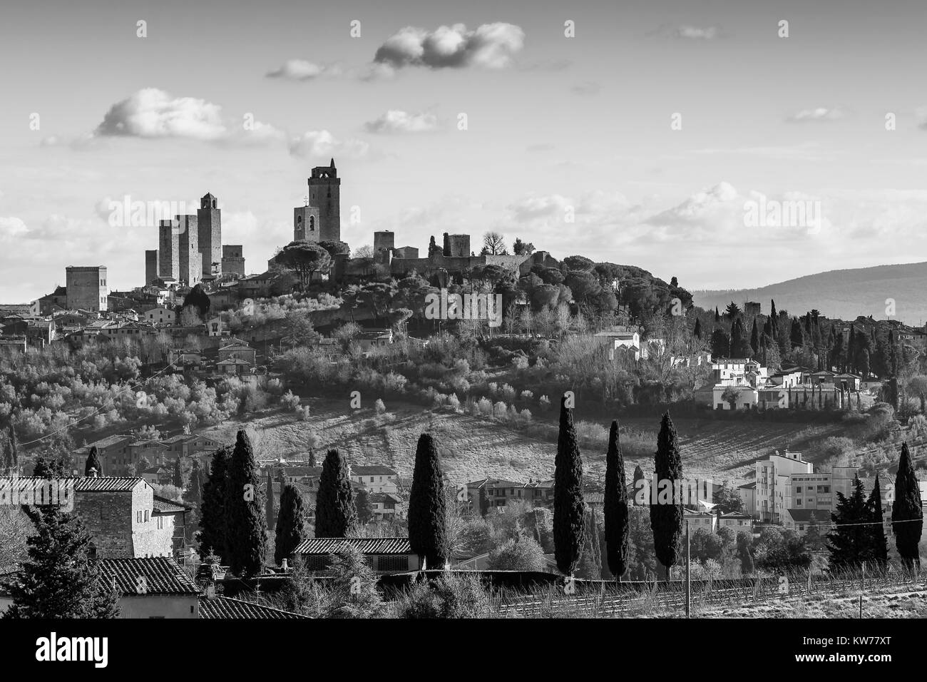Black And White Aerial View Of San Gimignano And Surroundings Siena