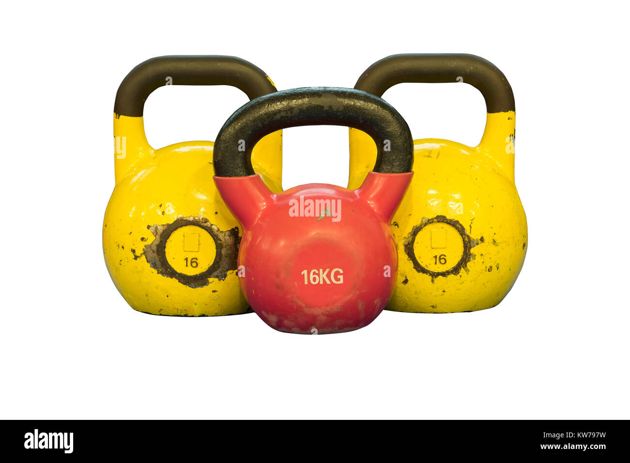 Three, red and yellow kettlebells isolated on white background. Workout ...