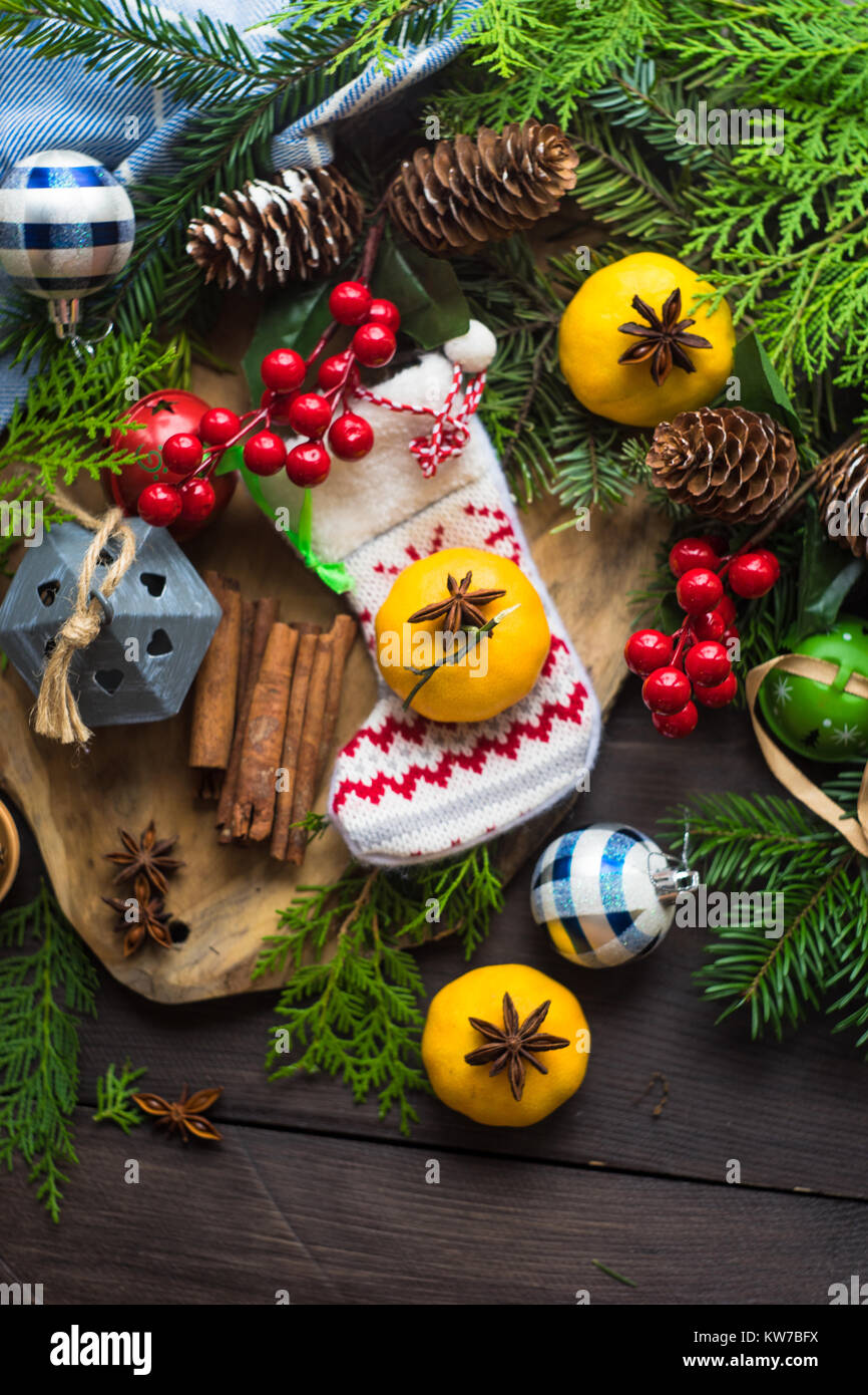 Christmas flat lay with christmas tree and jingle bells on rustic ...