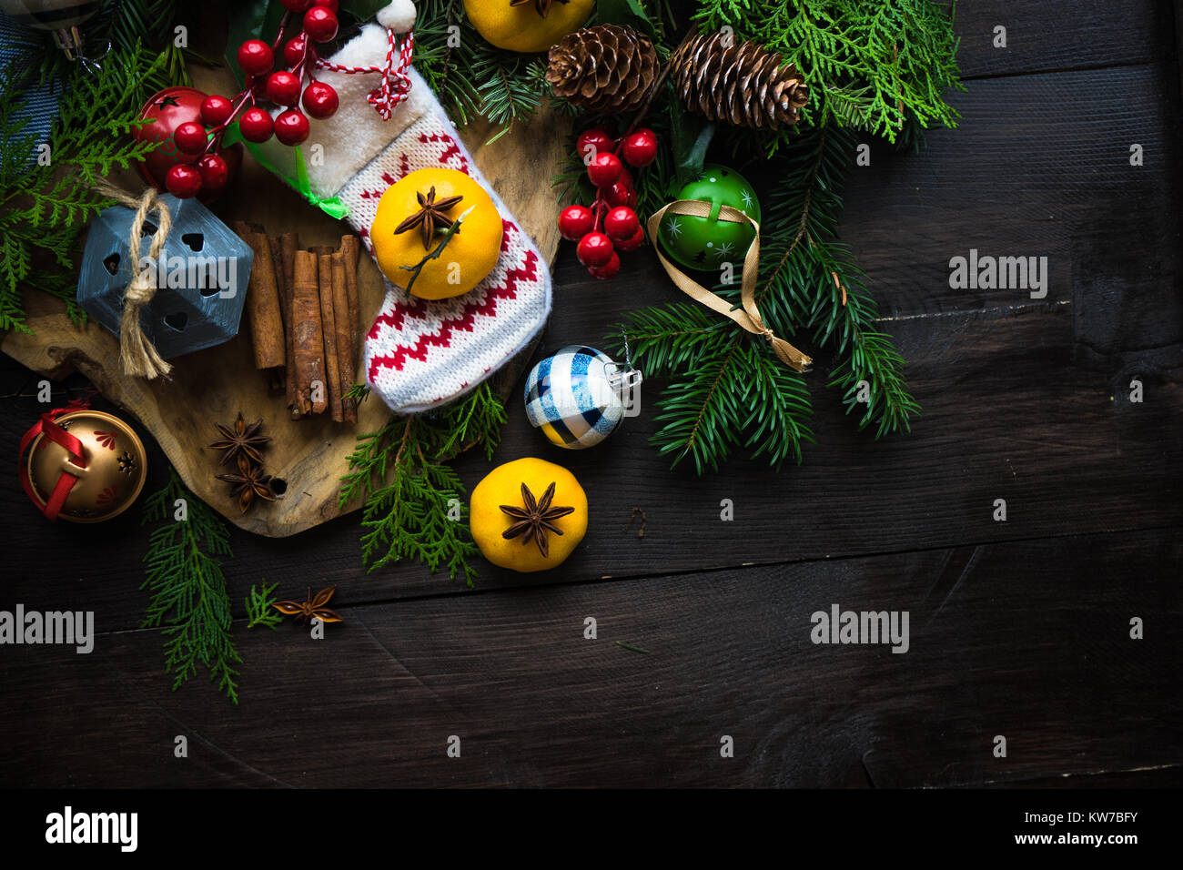 Christmas flat lay with christmas tree and jingle bells on rustic ...