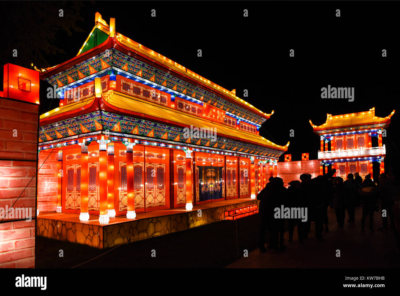 Colourful light display of red Chinese praying temples at the Magical ...
