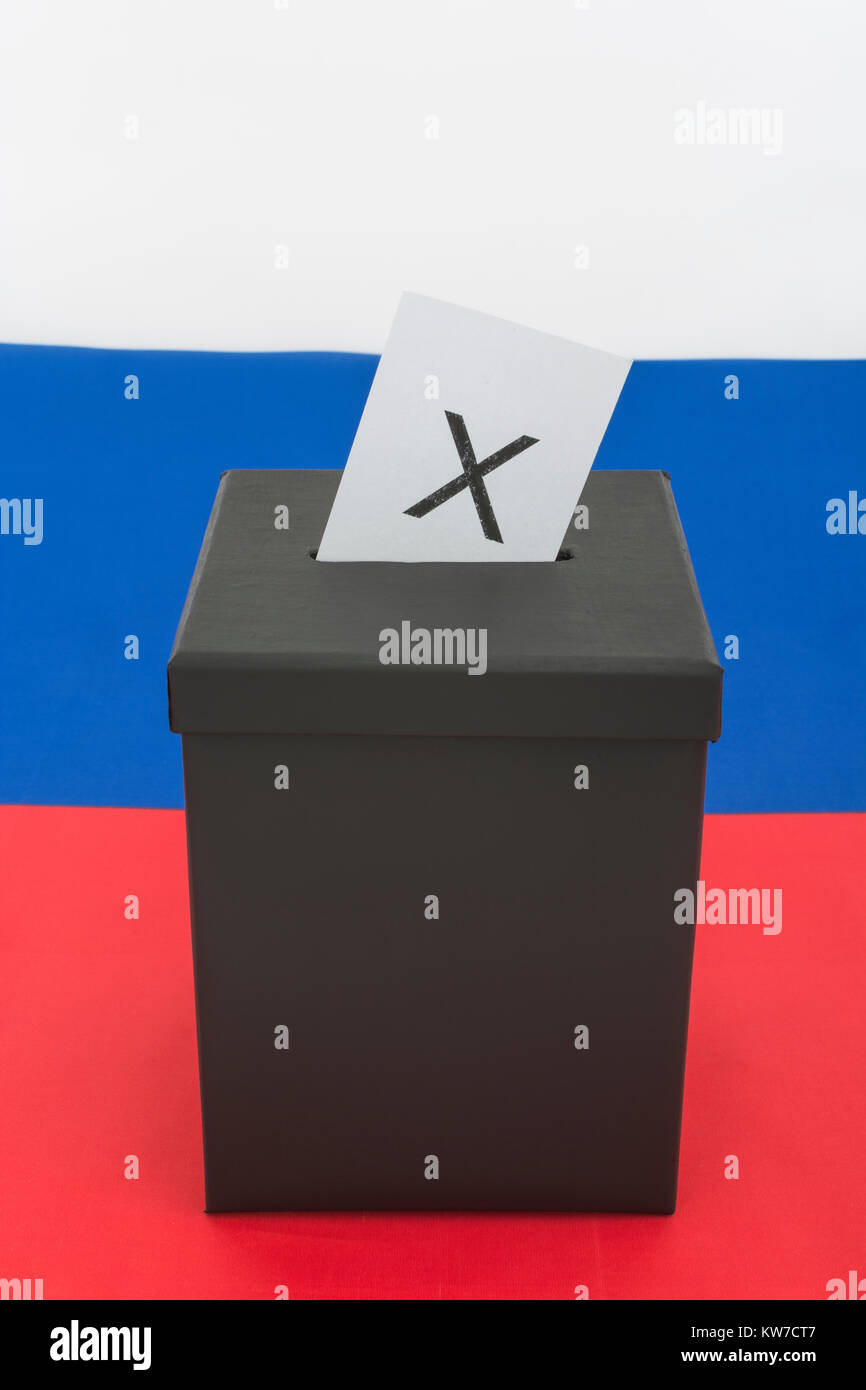 2024 Russian / fixed Russia elections concept - mock ballot box and ...