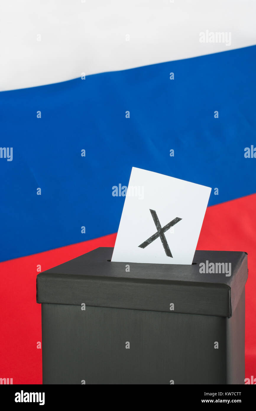 2024 Russian / fixed Russia elections concept - mock ballot box and ...