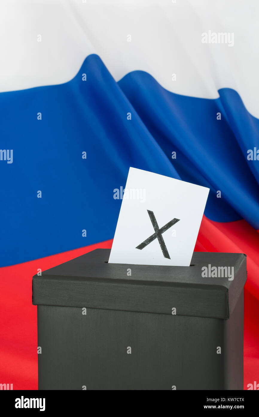 2024 Russian / fixed Russia elections concept - mock ballot box and ...