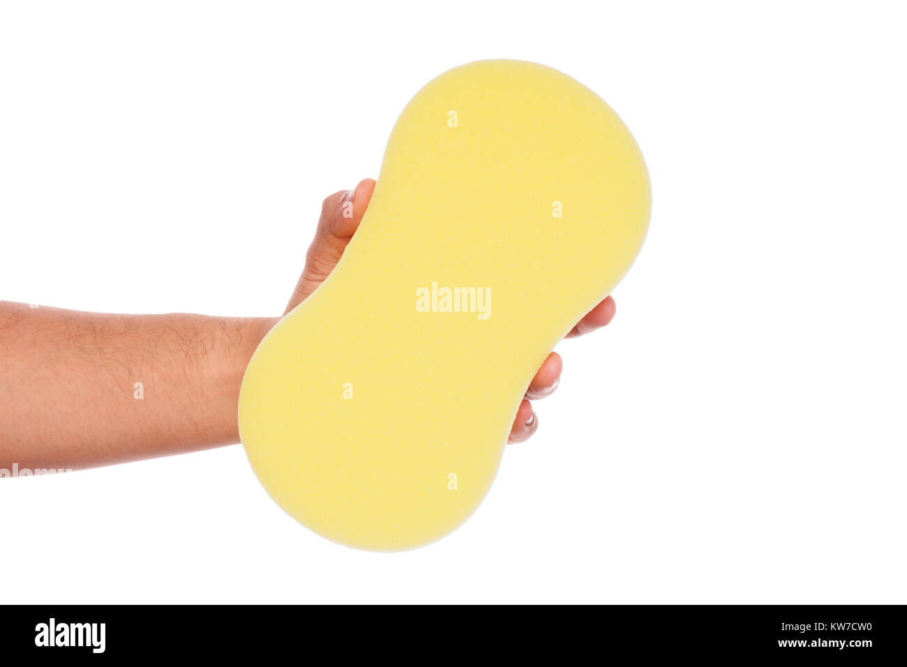 hand holding yellow sponge for car washing isolate on white background ...