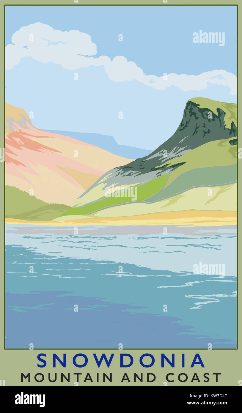 Illustration of the Snowdonia National Park coastline, North Wales, UK ...