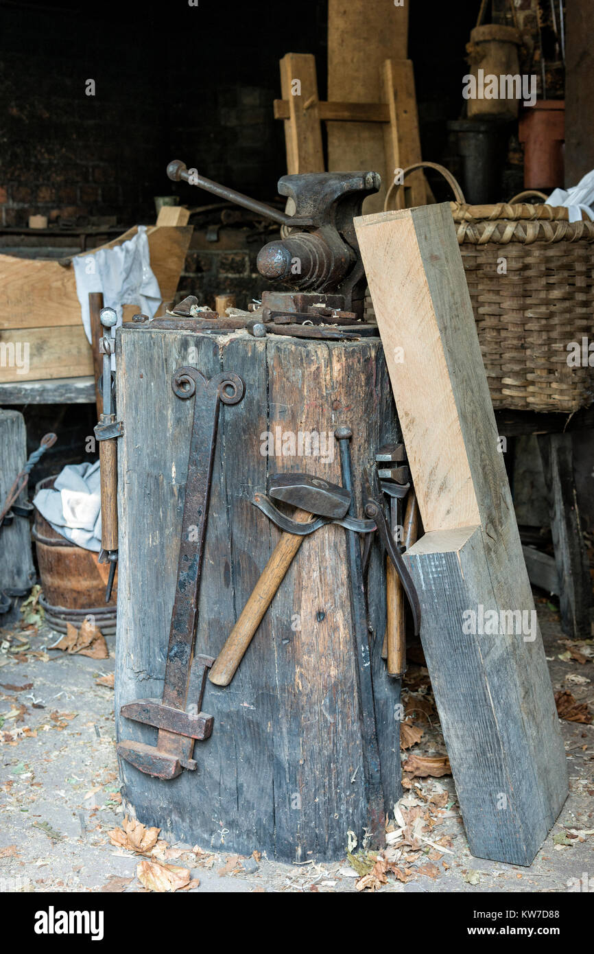 Handtools in Colonial Williamsburg wheelwright shop Stock Photo - Alamy