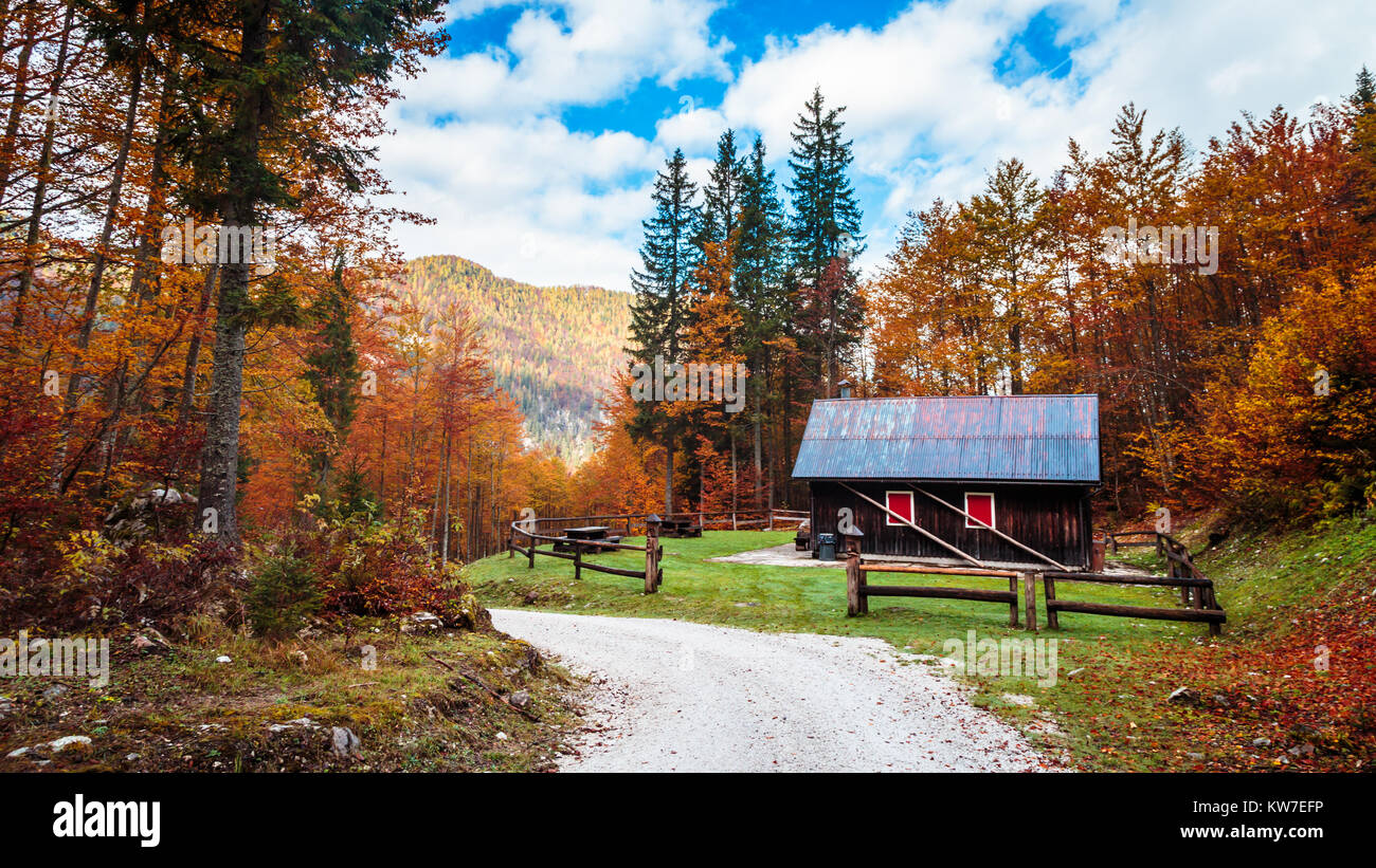 an alpine hut in the valley during a colorful sunset Stock Photo - Alamy
