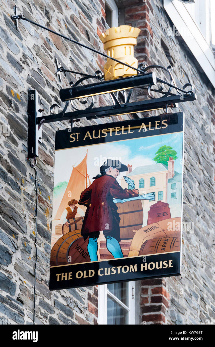 Sign for The Old Custom House public house on the South Quay, Padstow ...