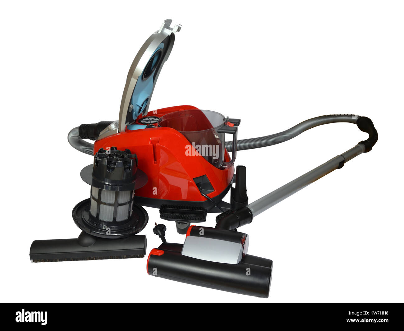 New modern red vacuum cleaner with its elements set on white background ...