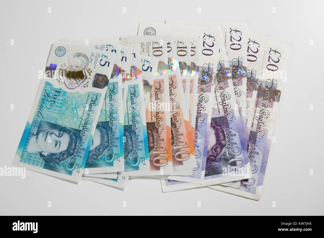 Overhead view of Pound notes randomly arranged in a horizontal line ...