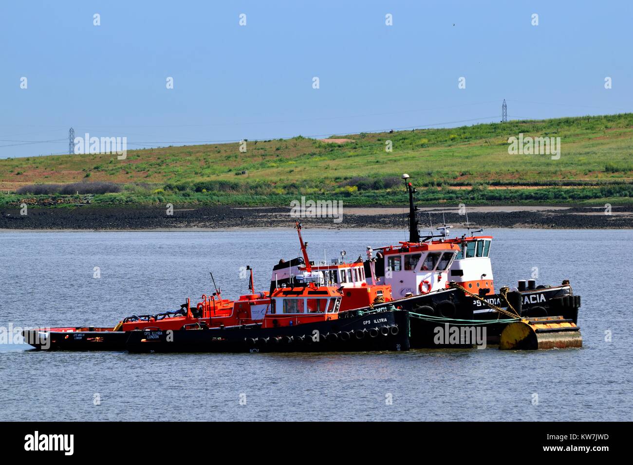 Group of four tugs moored in River Thames (UK) viewed from front-side ...