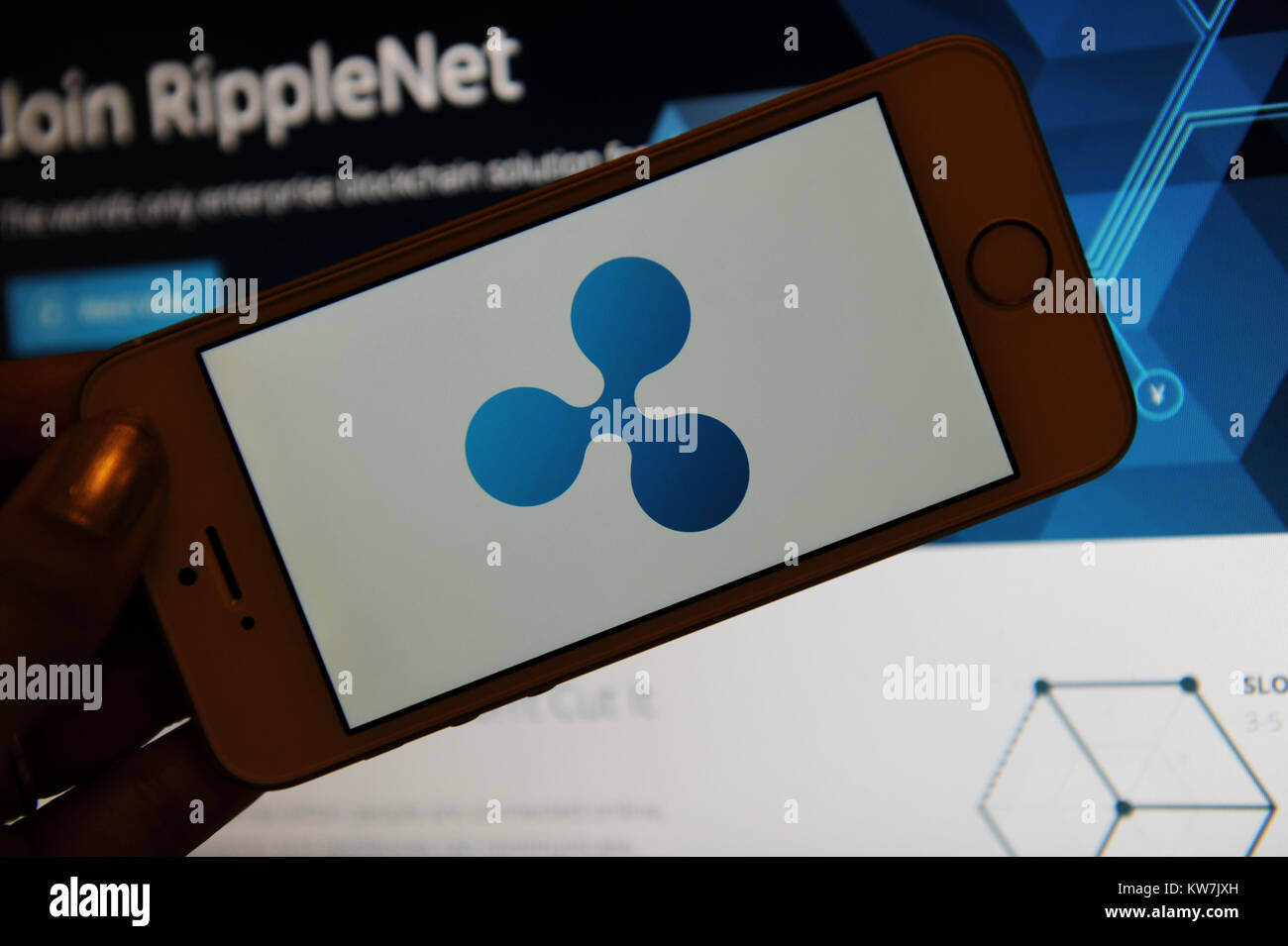The Ripple logo is seen on a phone screen and RippleNet on a computer ...