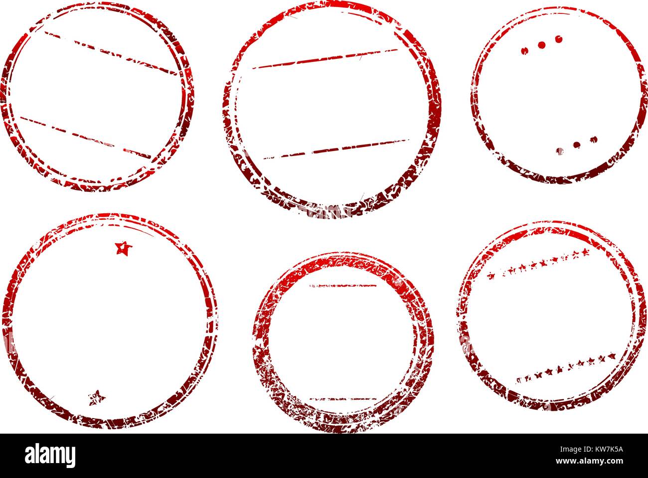Set of six grunge vector templates for rubber stamps in dark red gamma ...