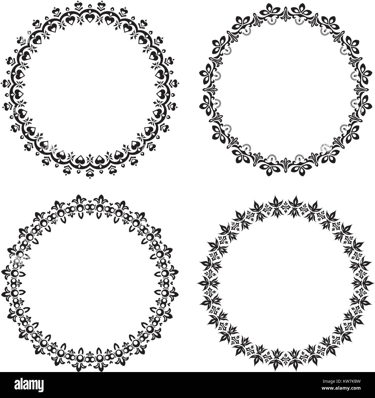 Set of four round vintage frames with floral elements and hearts for ...