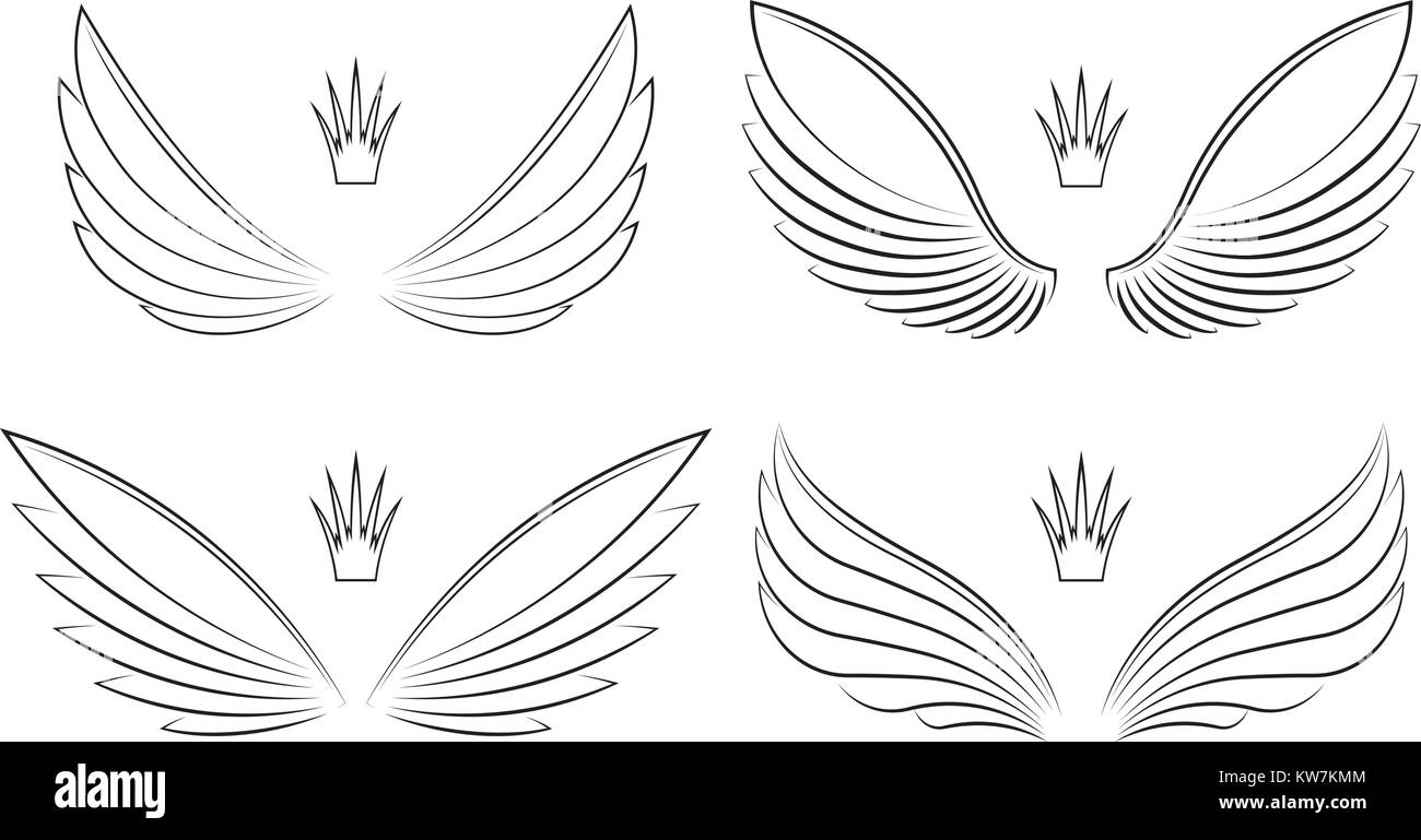 Set of four pairs of wings with crowns. Vector illustration Stock ...