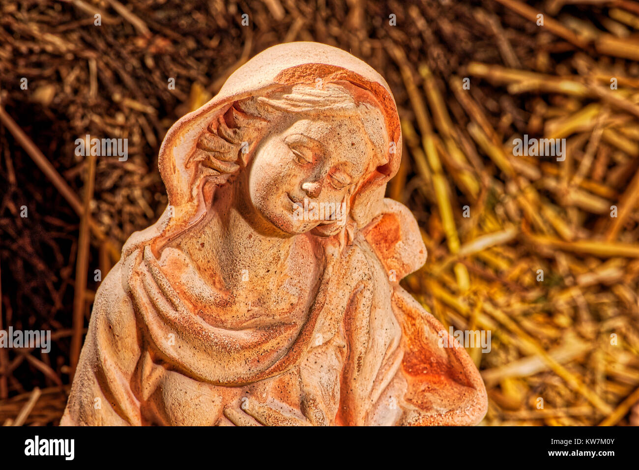 Statue of The Blessed Virgin Mary in a Christmas Nativity Scene Stock ...
