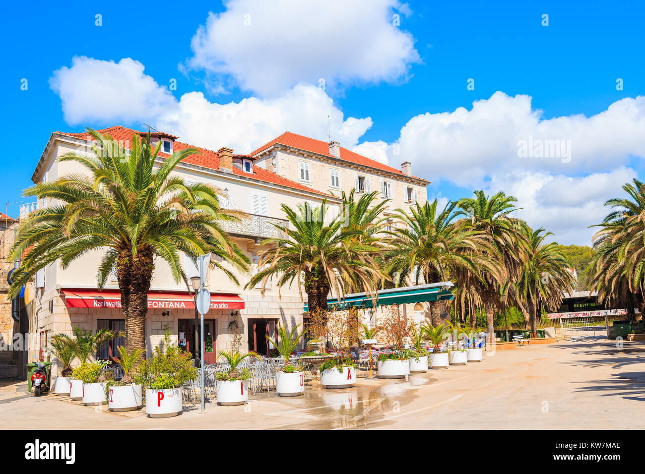 MILNA PORT, BRAC ISLAND - SEP 12, 2017: Typical restaurant building ...