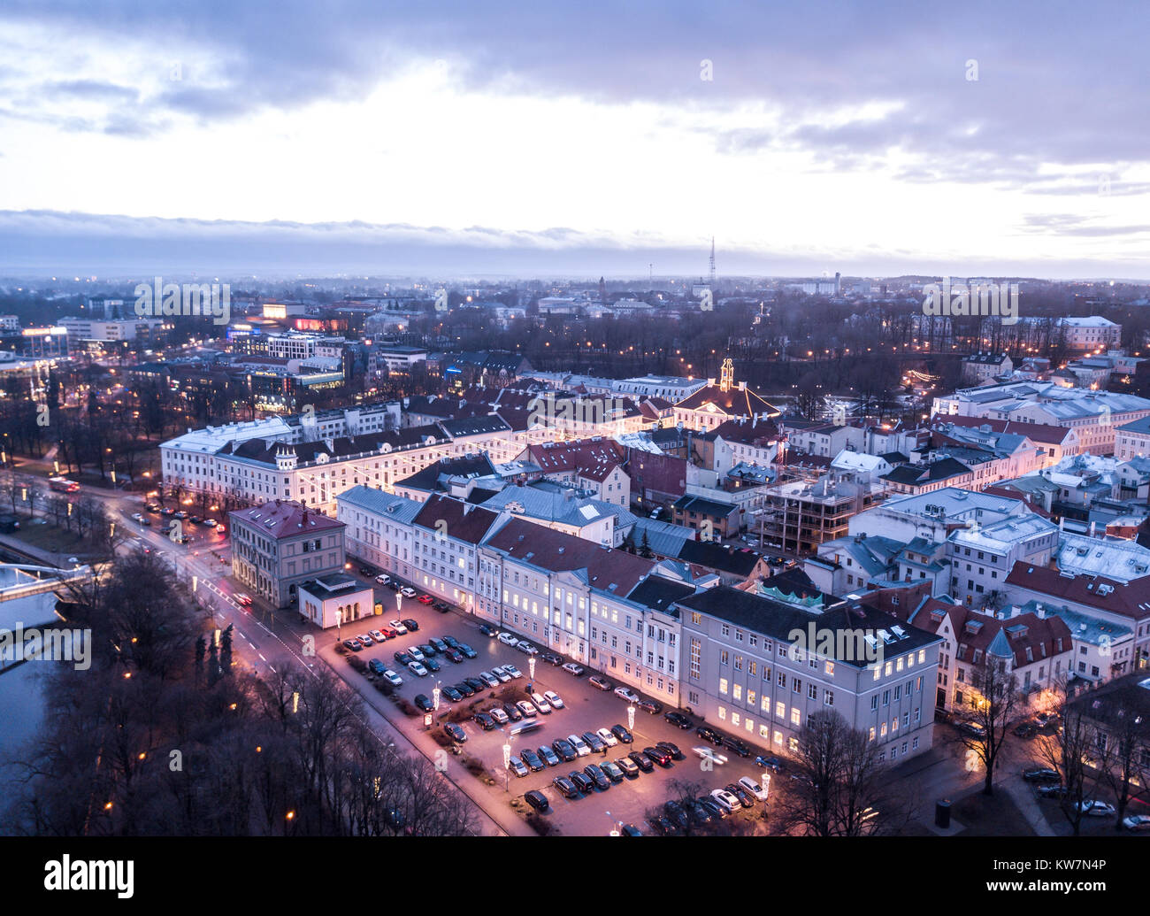 Aerial view of historical Tartu city hall (Raekoda) with Christmas ...
