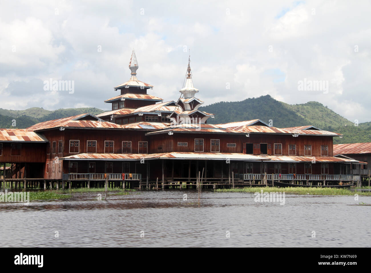 Wooden burmese buddhist monastery on the Inle lake, Myanmar Stock Photo ...