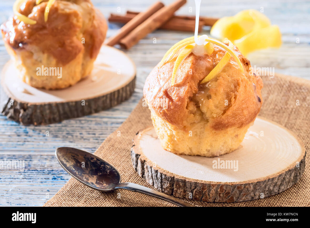 Lemon muffin cupcake cake fresh on table morning breakfast Still life ...