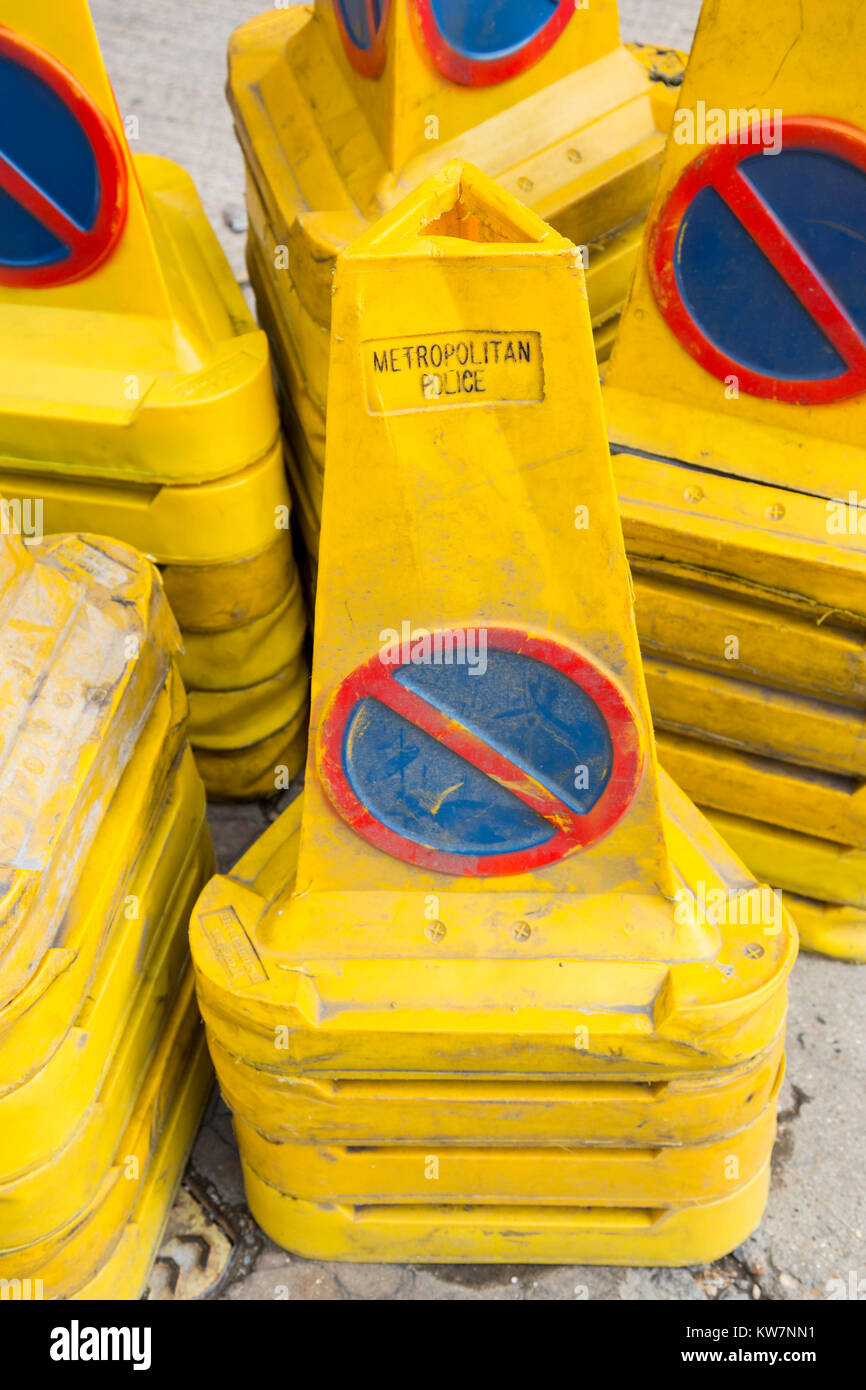 Yellow no parking traffic cones belonging to the Metropolitan Police ...
