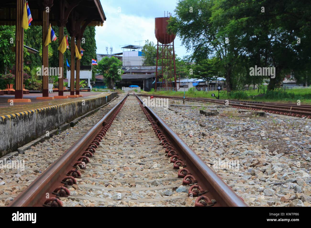 railway track on gravel for train transportation: Select focus with ...