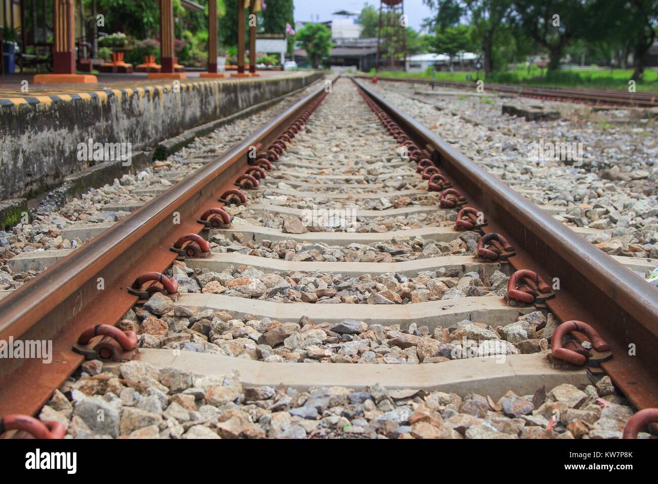 railway track on gravel for train transportation: Select focus with ...