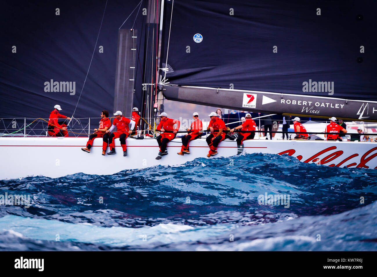 WILD OATS XI skippered by Mark Richards heads out of Sydney Harbour to ...