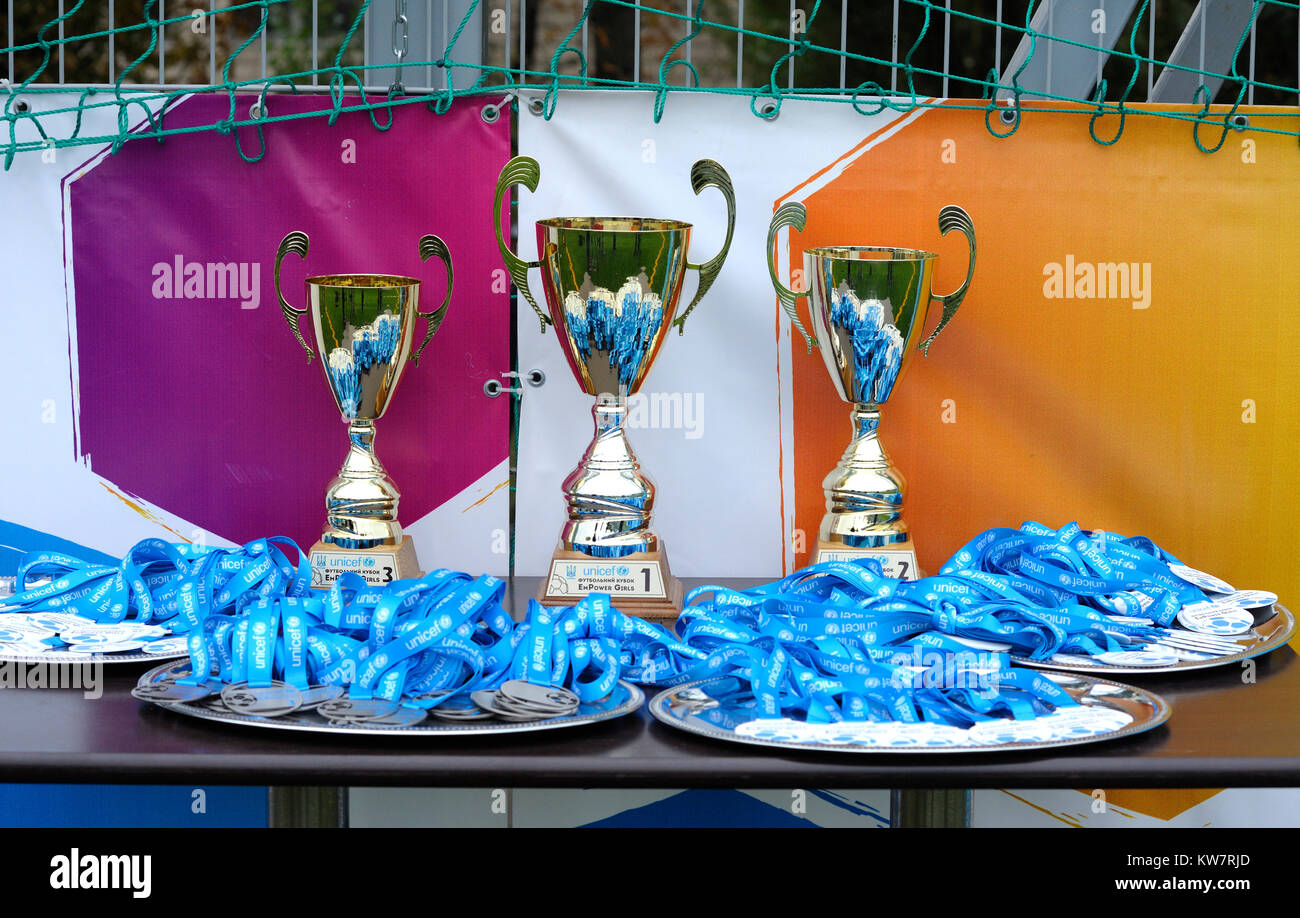 Cups and medal for the winner football team. Football Girls Ukraine Cup ...