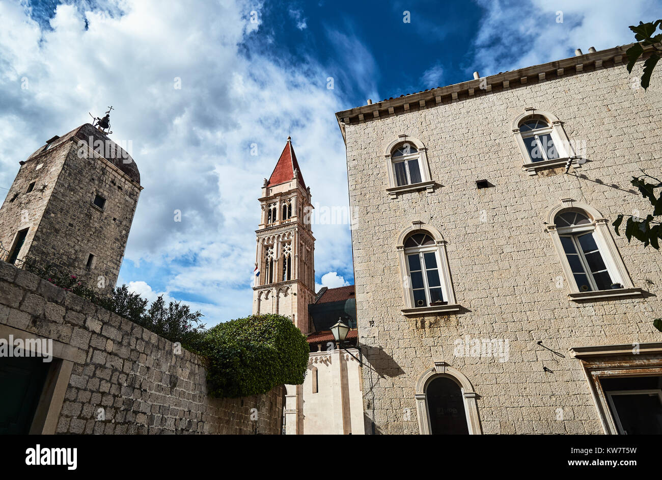 medieval buildings and belfry of cathedral in the town of Trogir in ...