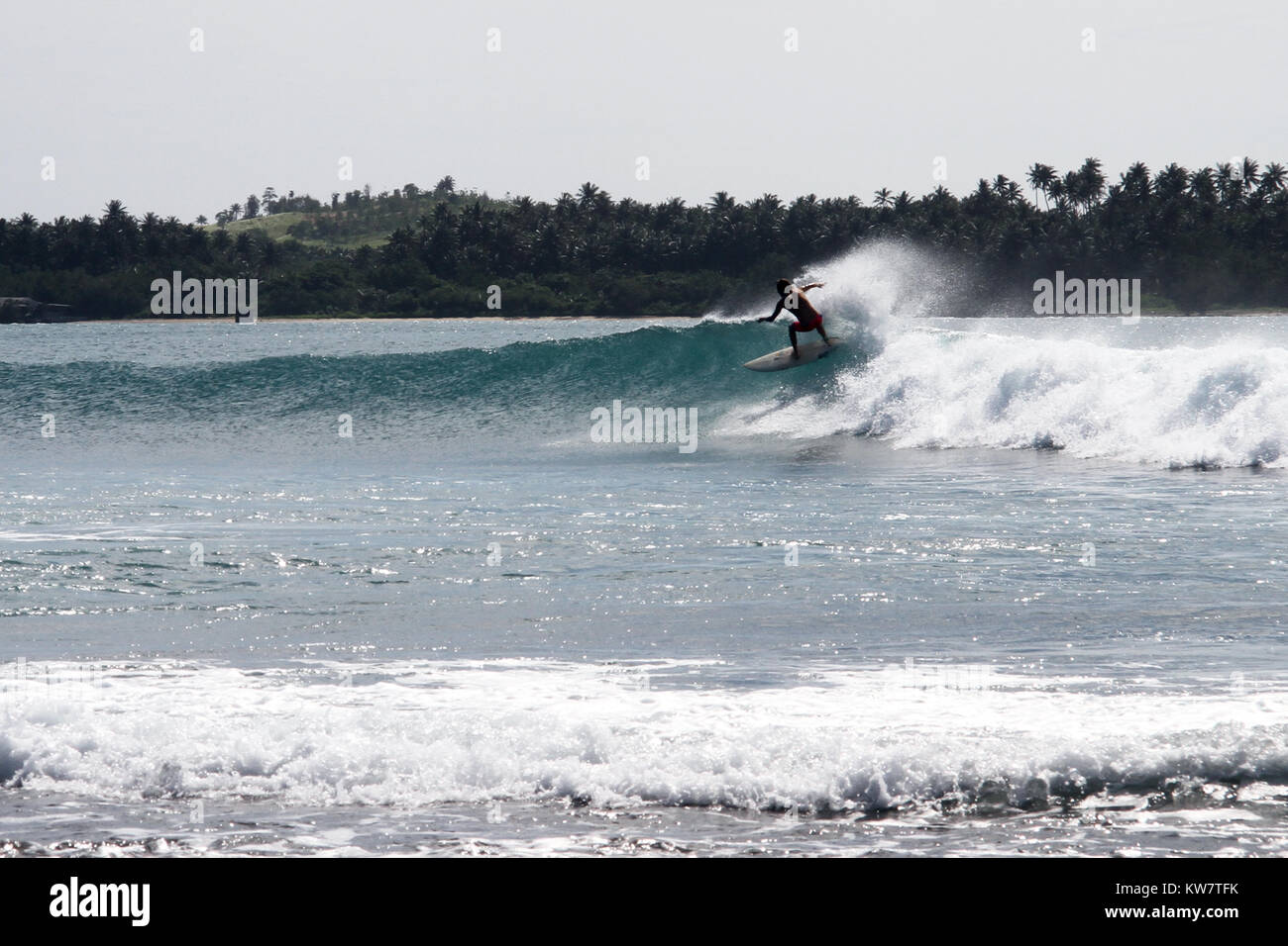 Serfer on the wave on the Pantai Sorake beach in Nias island, Indonesia ...