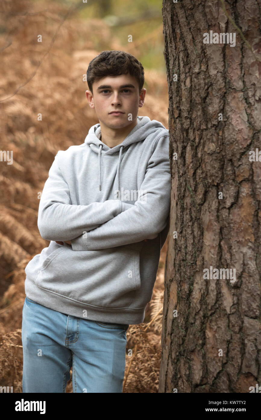 Teenage boy leaning against a tree on an autumn day Stock Photo - Alamy