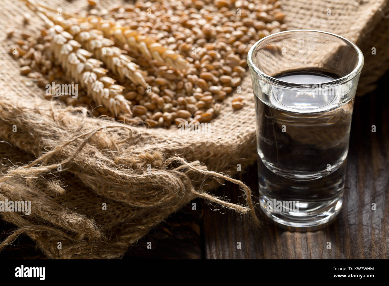 German hard liquor Korn Schnapps in shot glass with wheat grains and ...