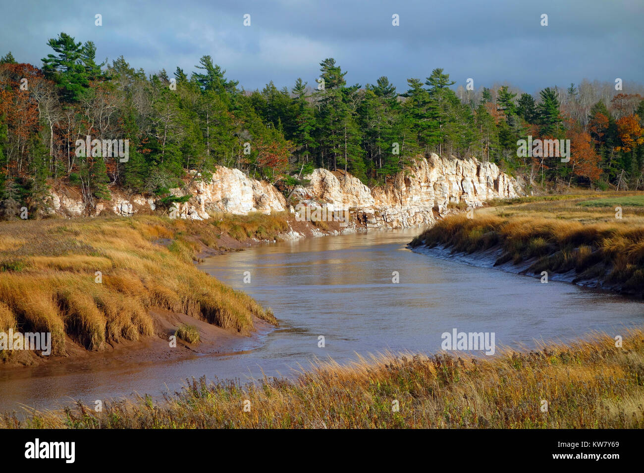 Gypsum cliffs near on St. Croix River near Windsor, Nova Scotia Stock ...