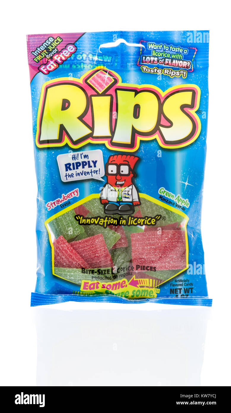 Winneconne, WI -28 December 2017: A bag of Rips licorice on an isolated ...