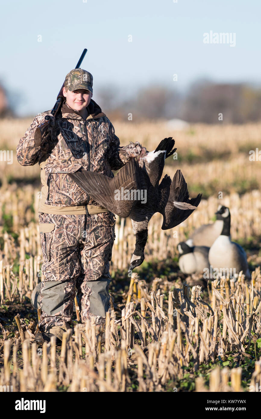 A young hunter with a Canada Goose in a cornfield Stock Photo - Alamy
