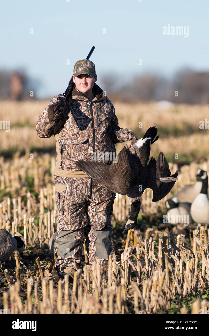 A young hunter with a Canada Goose in a cornfield Stock Photo - Alamy