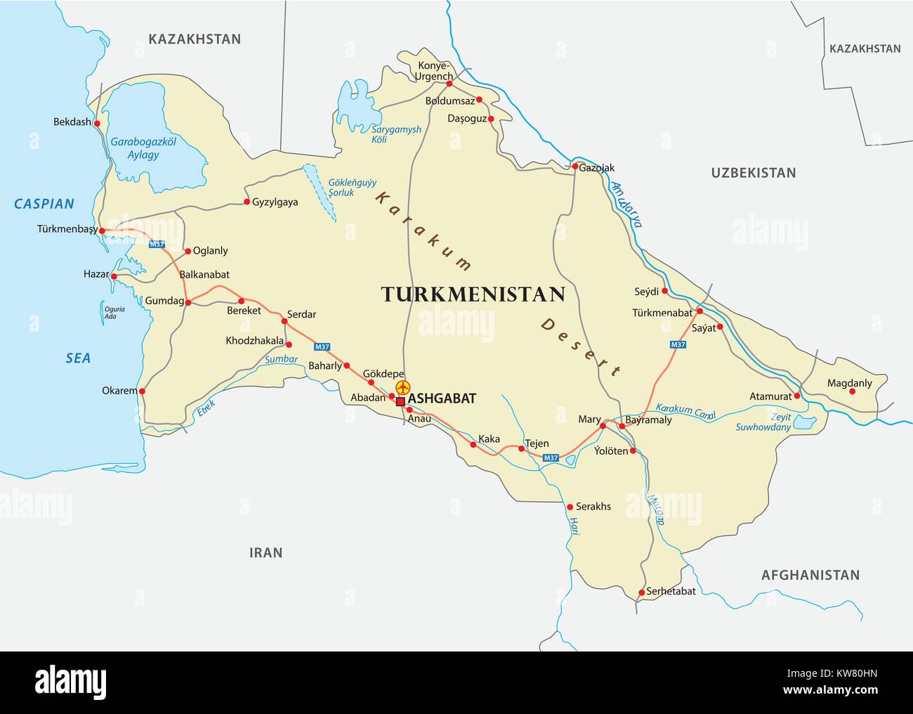 turkmenistan road vector map with important cities Stock Vector Image ...