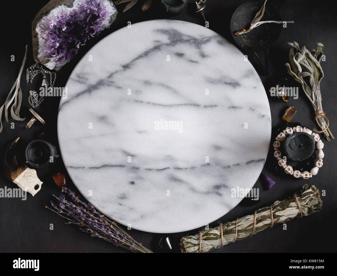 Top view at place for practice witchcraft. White marble tray surrounded ...