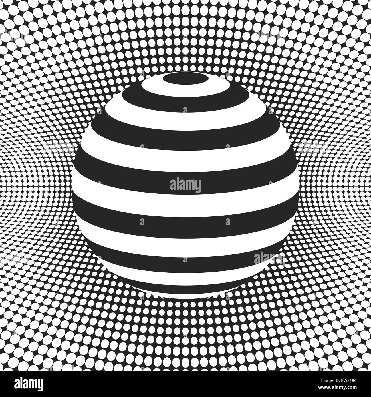 Striped sphere on the dotted halftone background. Monochrome vector ...