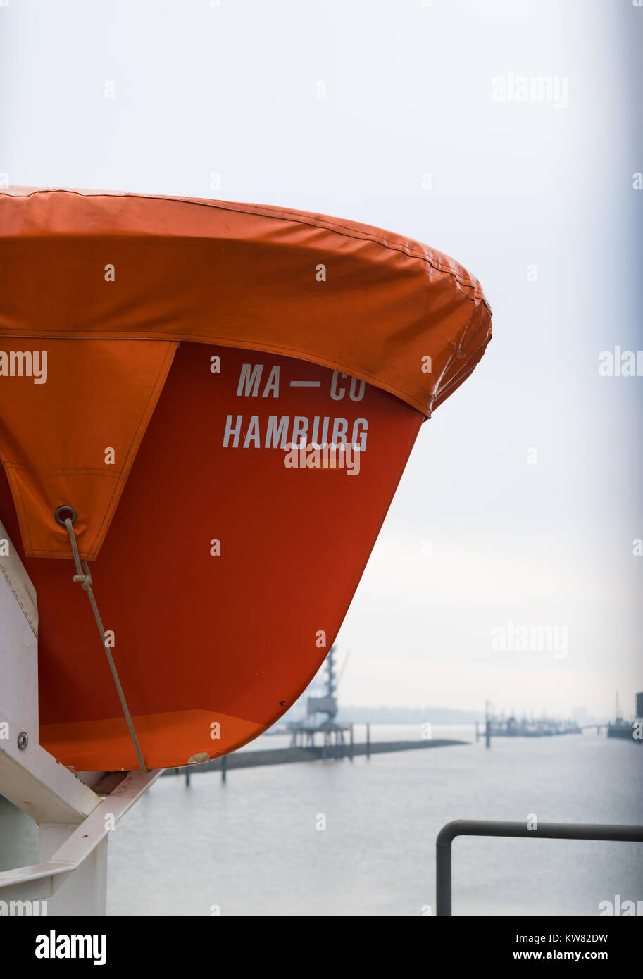 detail of an orange rescue boat in the hamburg harbor Stock Photo - Alamy