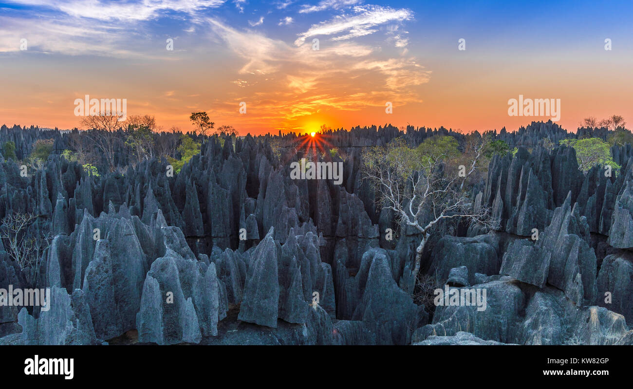 Sunrise over Karst landscape. Tsingy de Bemaraha National Park ...