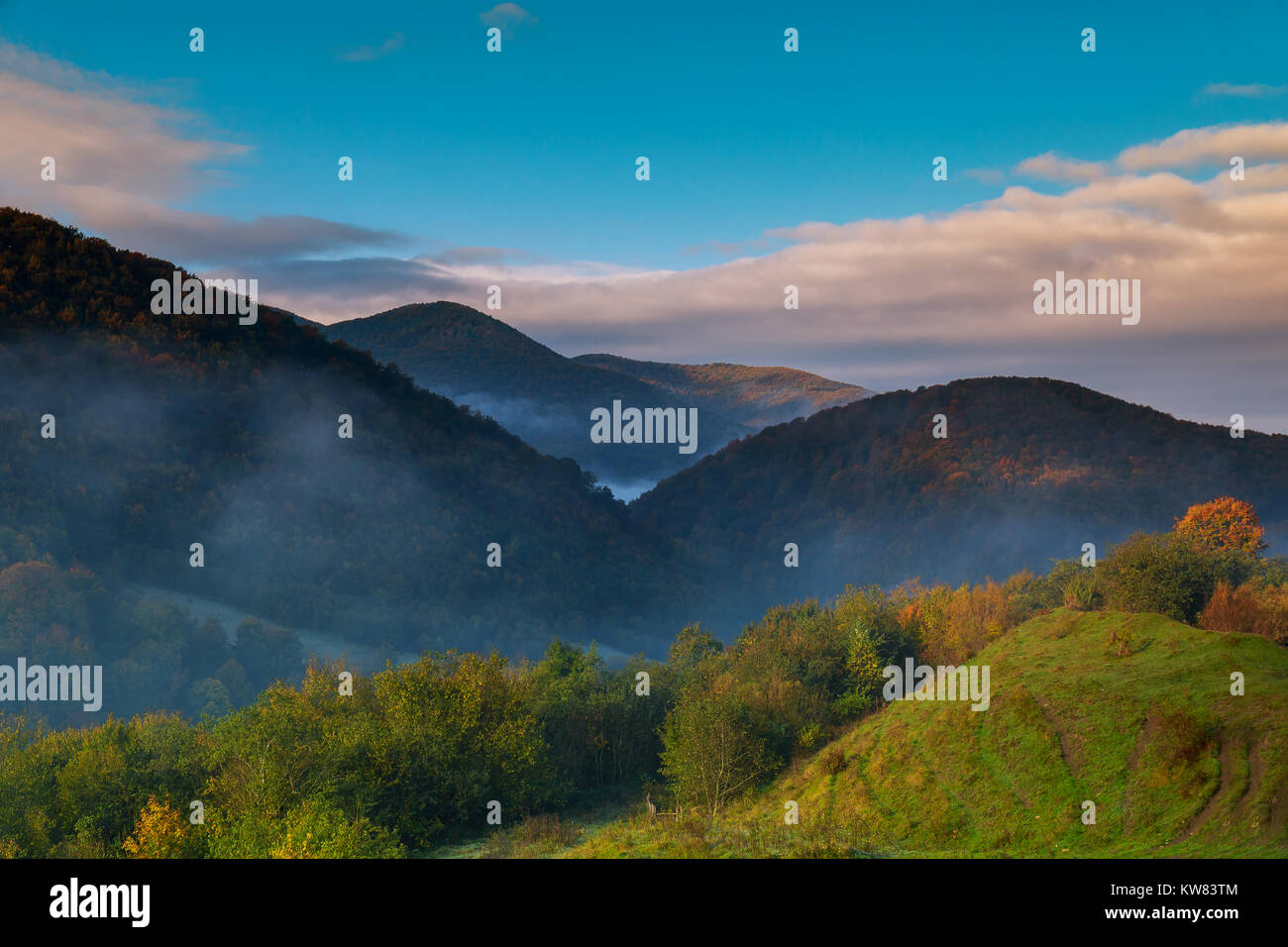 Beautiful autumn morning Mountain valley during sunrise. Natural ...