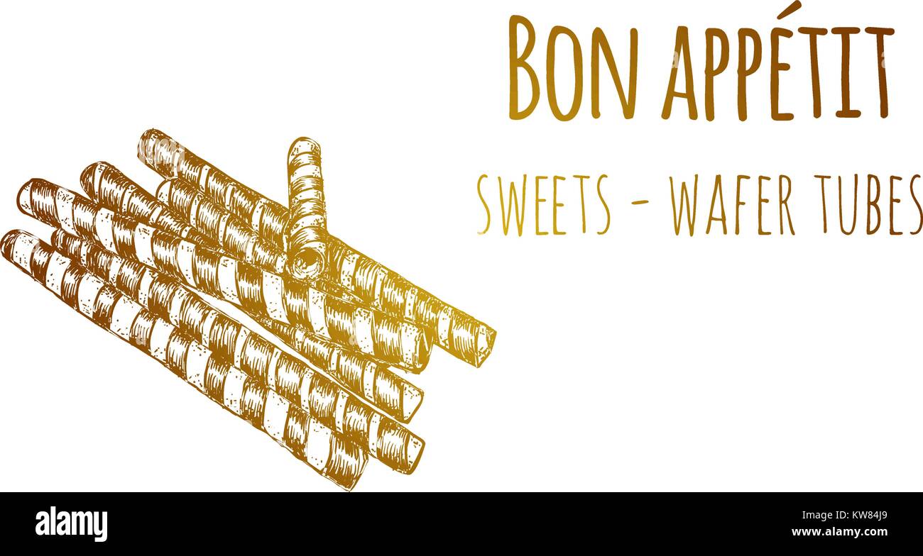 Hand drawn sketch vintage wafer tube. Food sketch and kitchen doodle ...