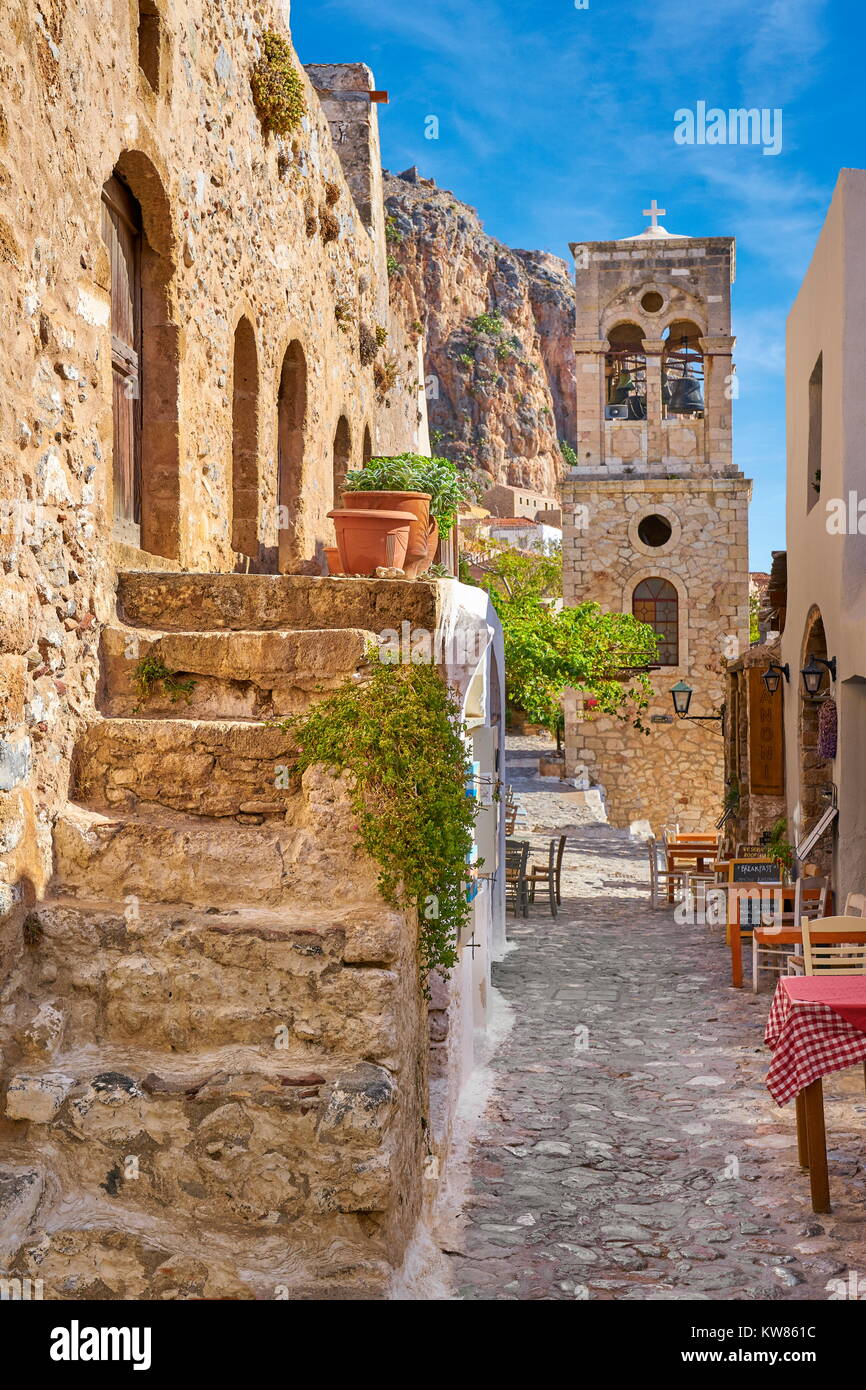 Main street in Monemvasia medieval village, Peloponnese, Greece Stock ...