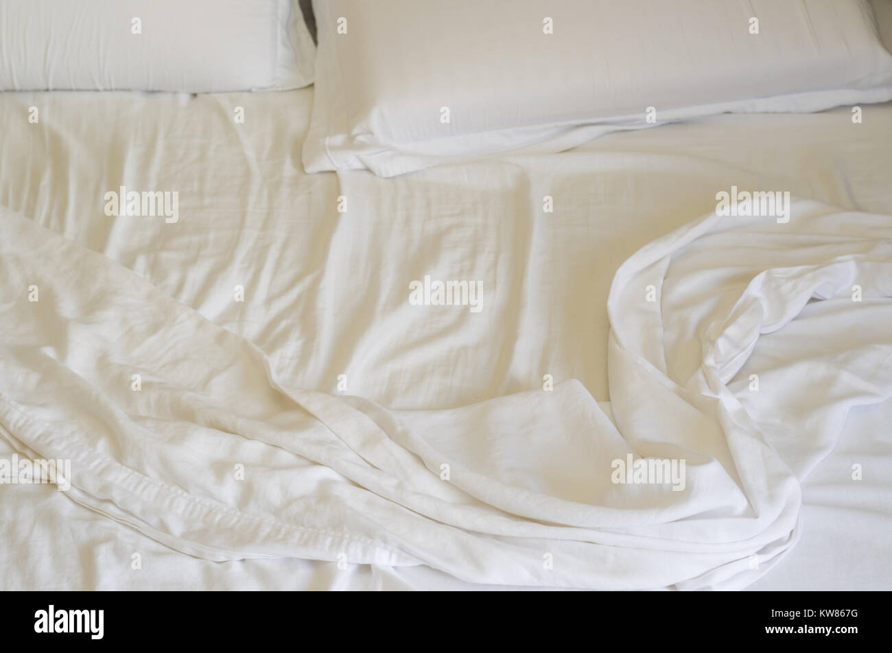 Great concept of bed messy, unkempt, white bed, crumpled sheet Stock ...