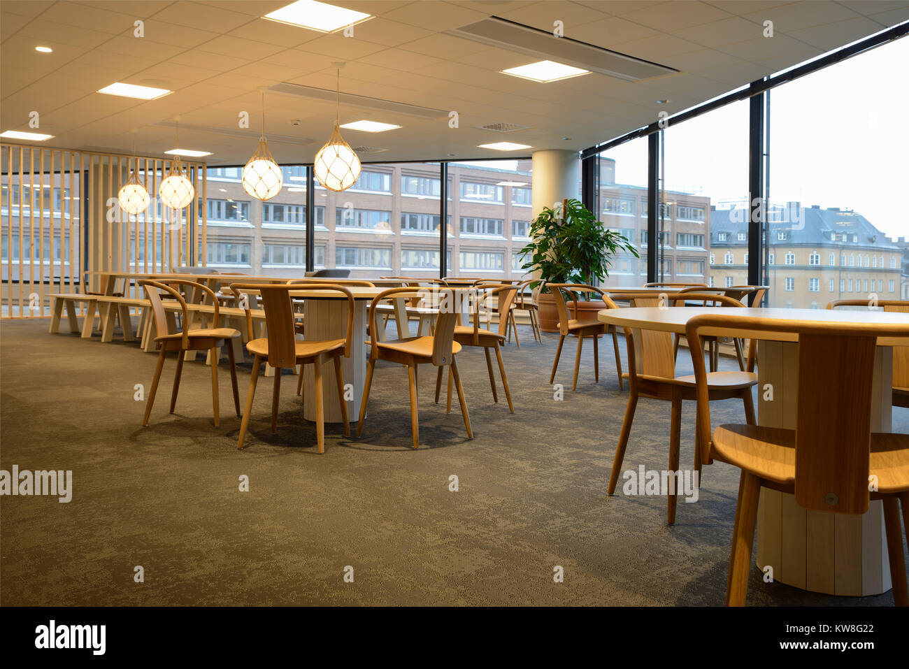 An empty cafeteria interior shot. Large windows letting in light Stock ...